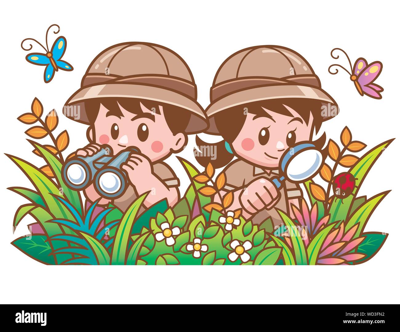 Vector illustration of Adventure Safari Boy and girl Stock Vector Image ...