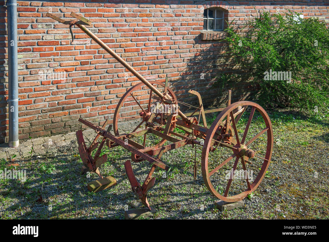 Old rusty double-wagon with drawbar designed for the drive with working ...
