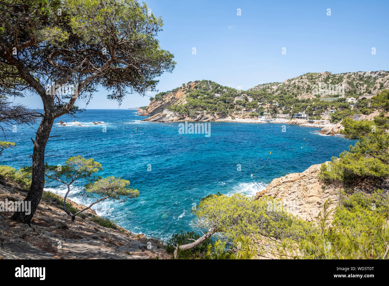 Panoramic view of Port and pebble beach of Calanque of Méjean in Ensuès ...