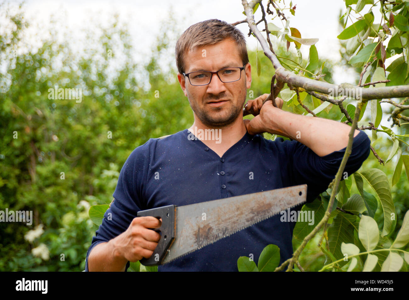 Man holding saw hi-res stock photography and images - Alamy