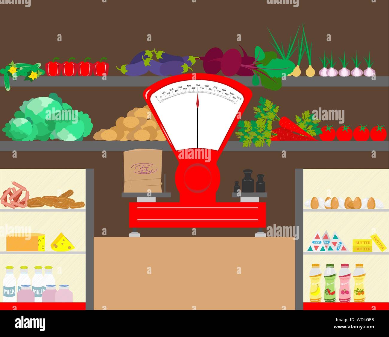 Shop counter with dairy products and vegetables. Counter with weights ...