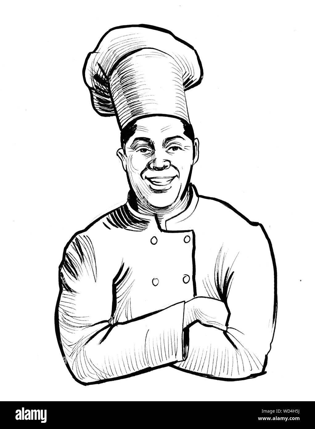 Happy smiling chef. Ink black and white illustration Stock Photo - Alamy