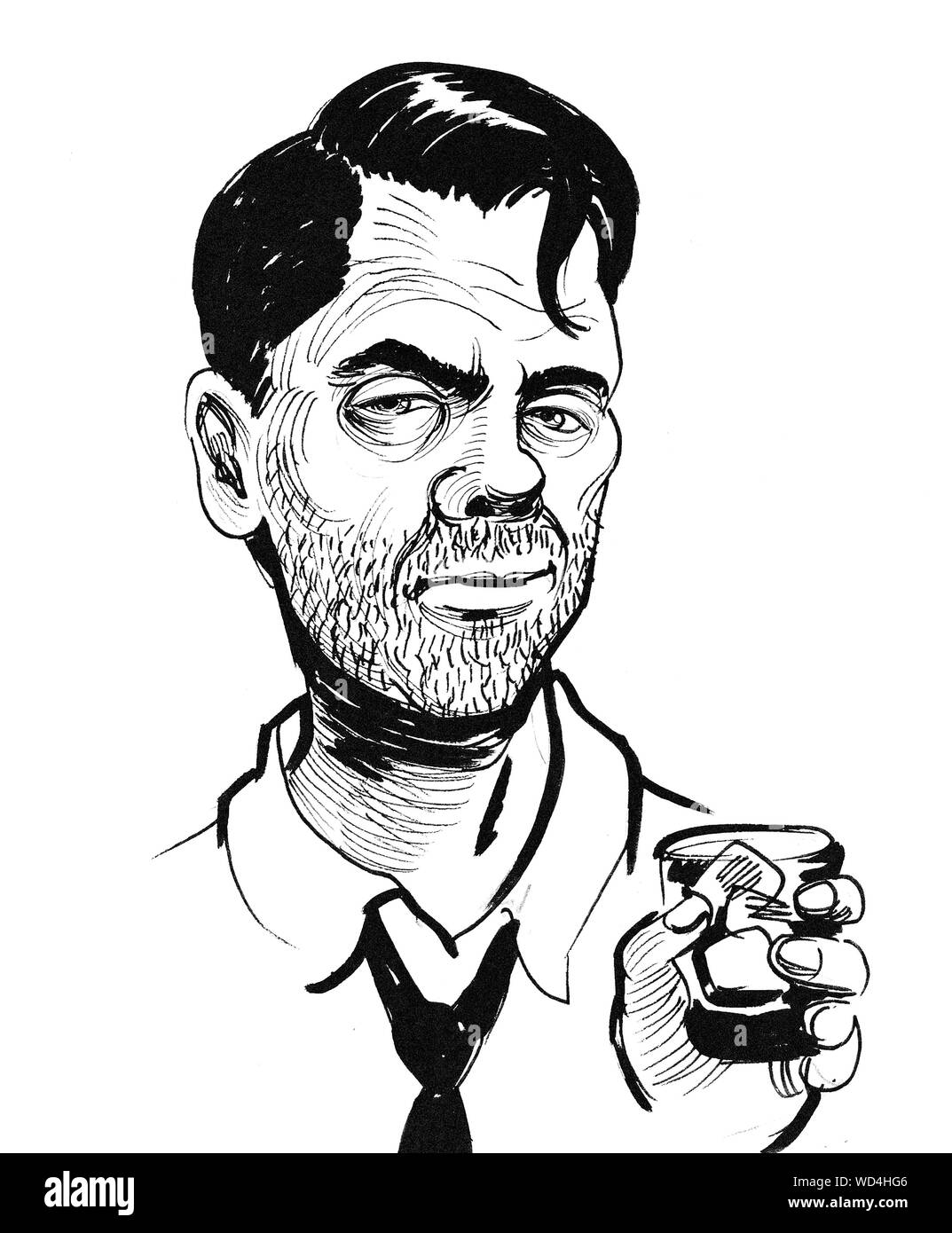 Alcoholic man with a glass of whiskey. Ink black and white illustration ...