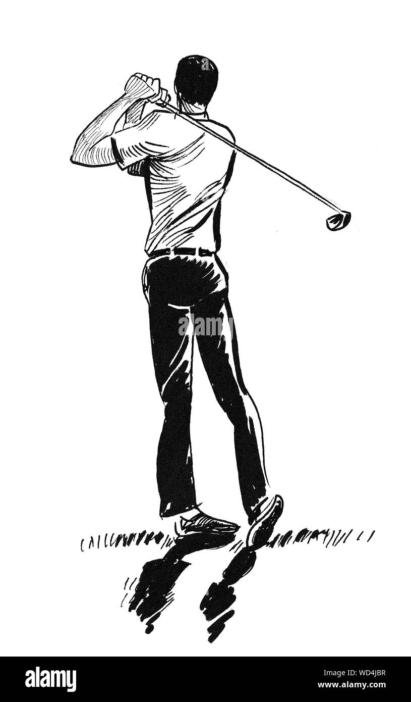 Sportsman playing golf. Ink black and white drawing Stock Photo - Alamy