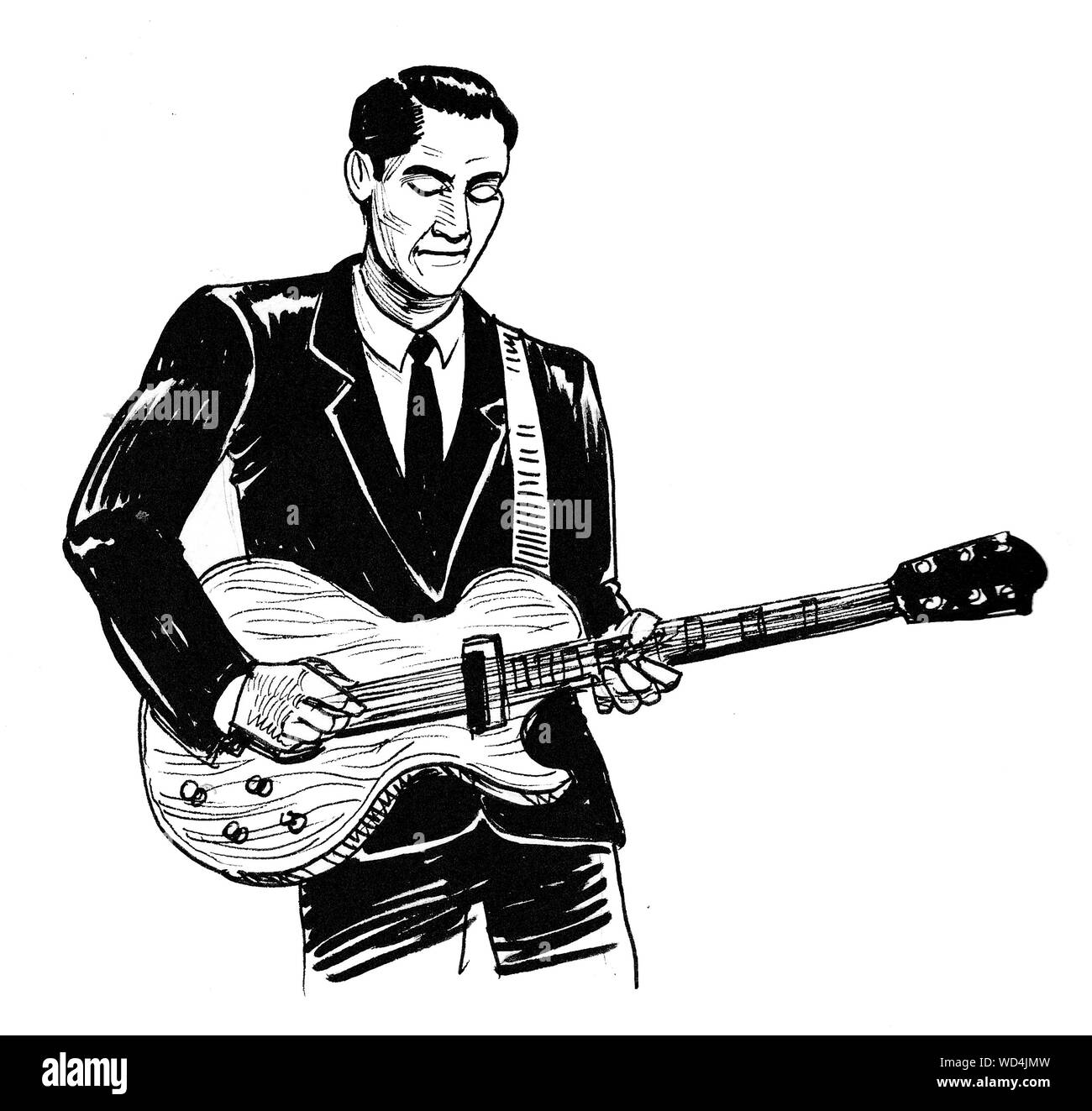 Man playing vintage electric guitar. Ink black and white drawing Stock ...