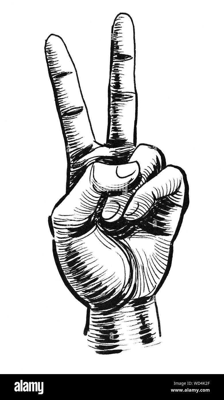 Hand showing victory sign. Ink black and white drawing Stock Photo - Alamy