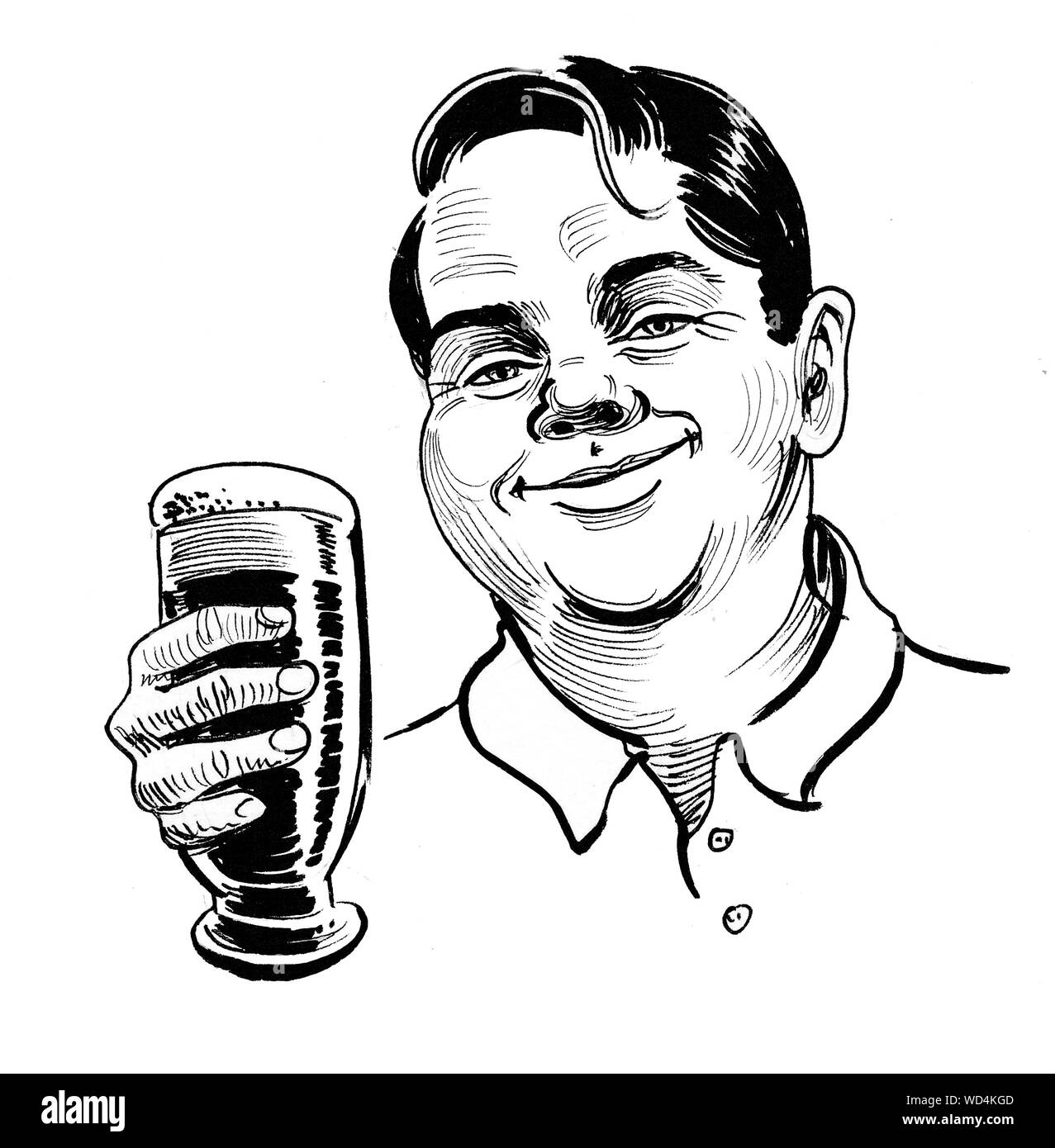 Fat happy smiling man drinking a beer from the glass. Ink black and ...