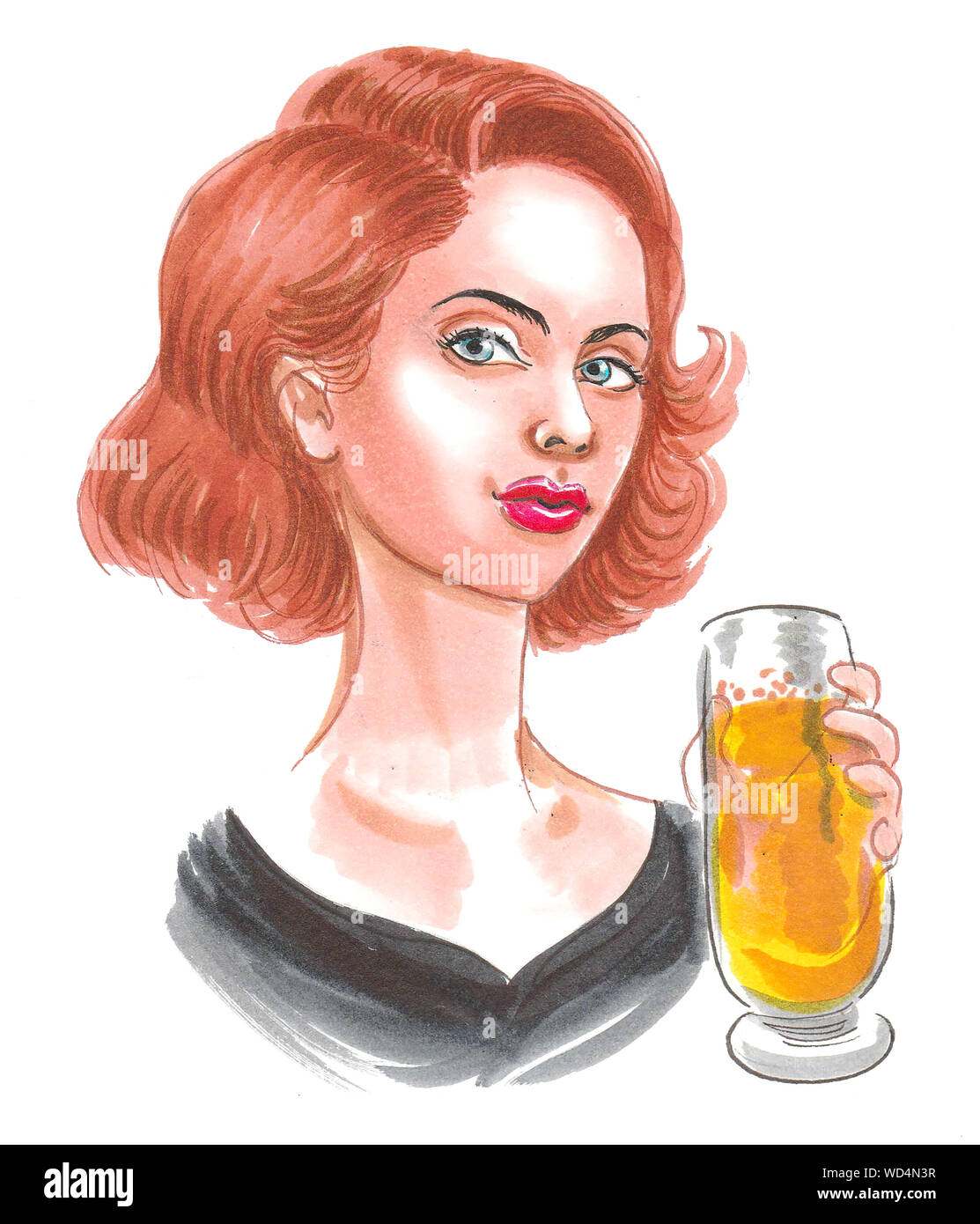 Pretty woman drinking a glass of beer. Ink and watercolor illustration ...