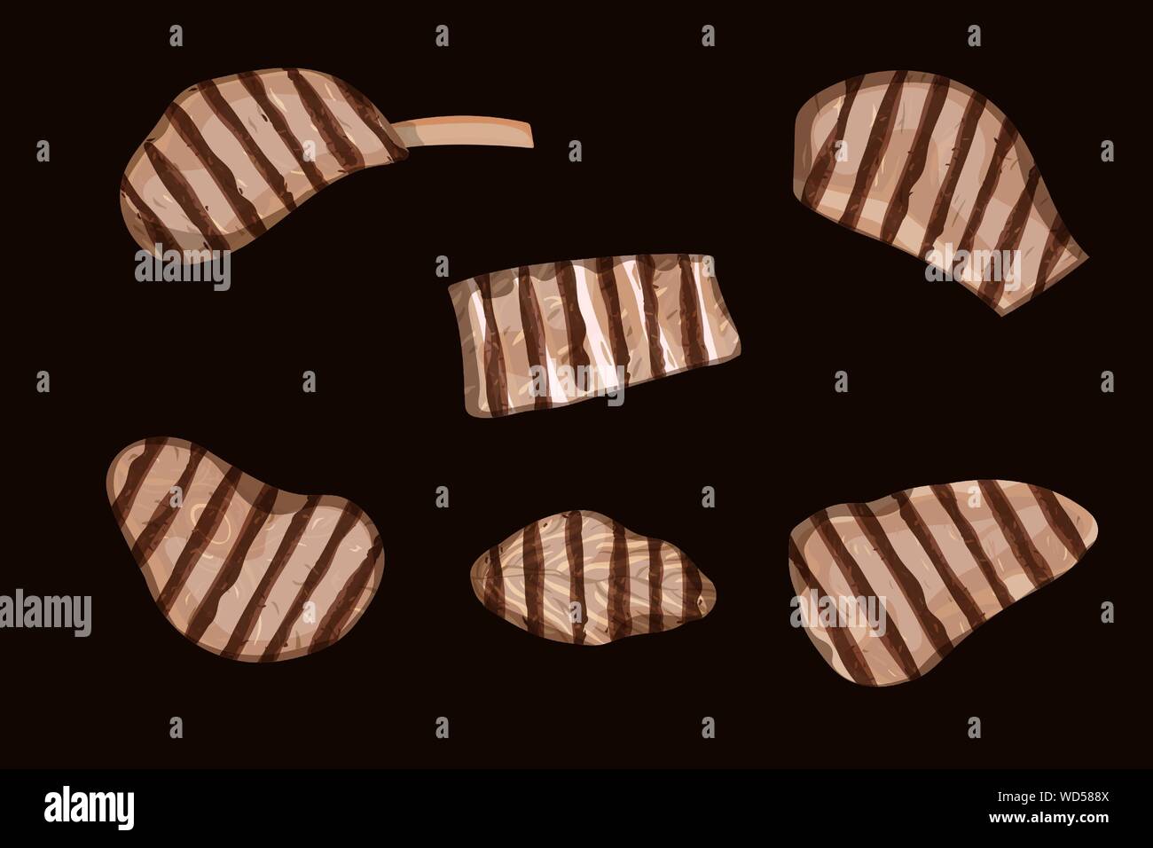 Realistic grilled meat set. Vector illustration. Black background Stock ...