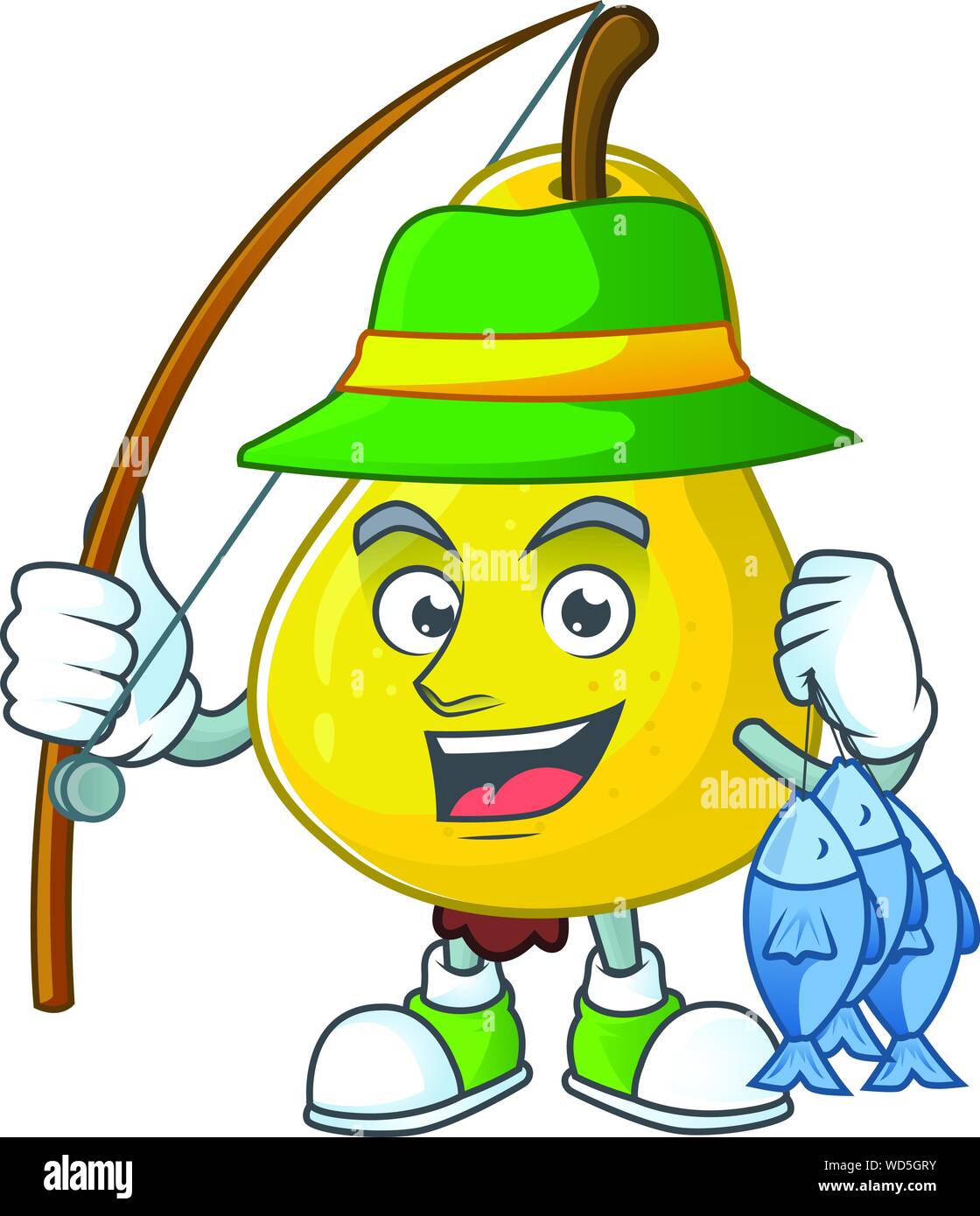 Fishing yellow pear cartoon character on white background Stock Vector ...