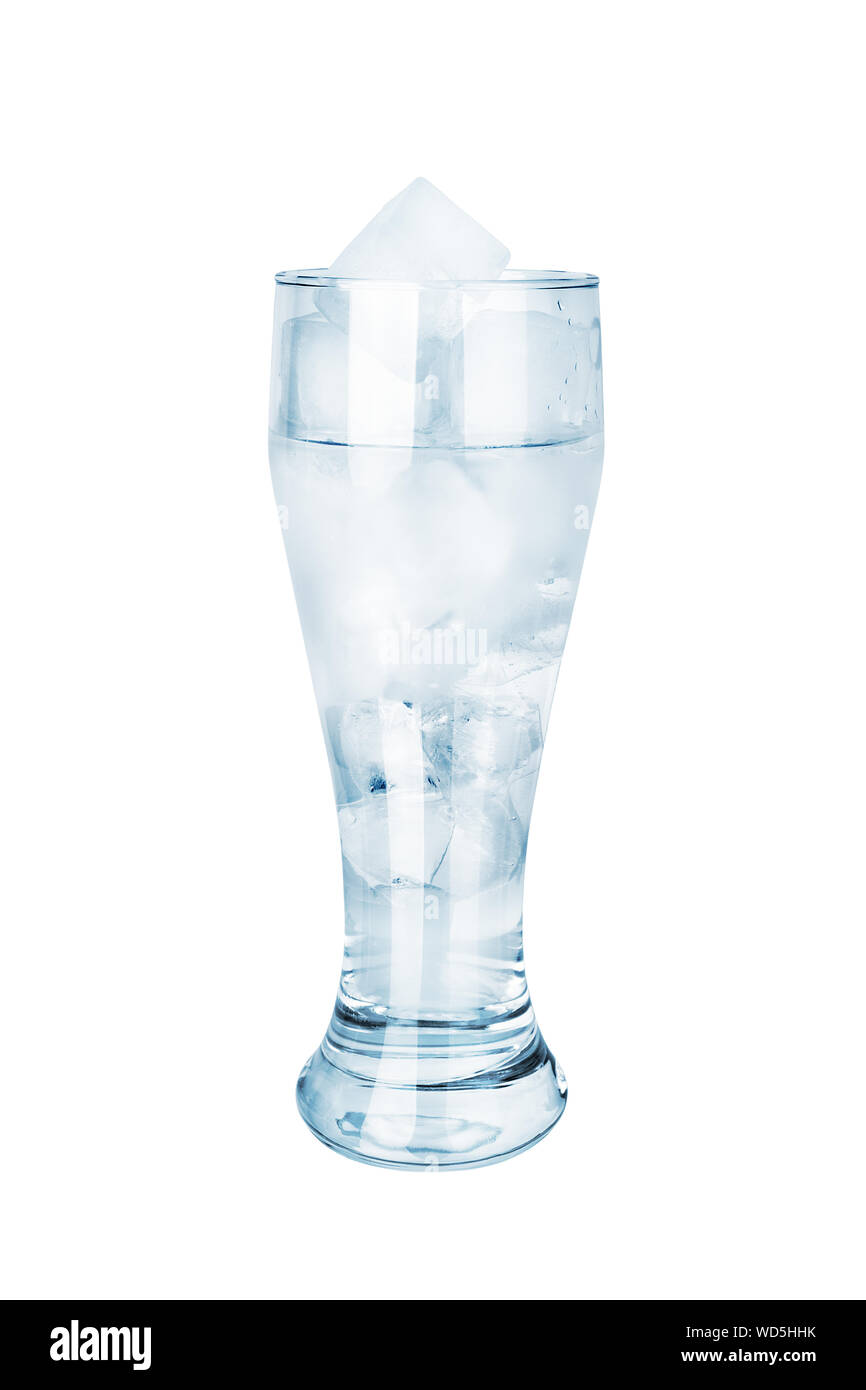 One transparent glass full of cool crystal clear water and ice cubes on ...