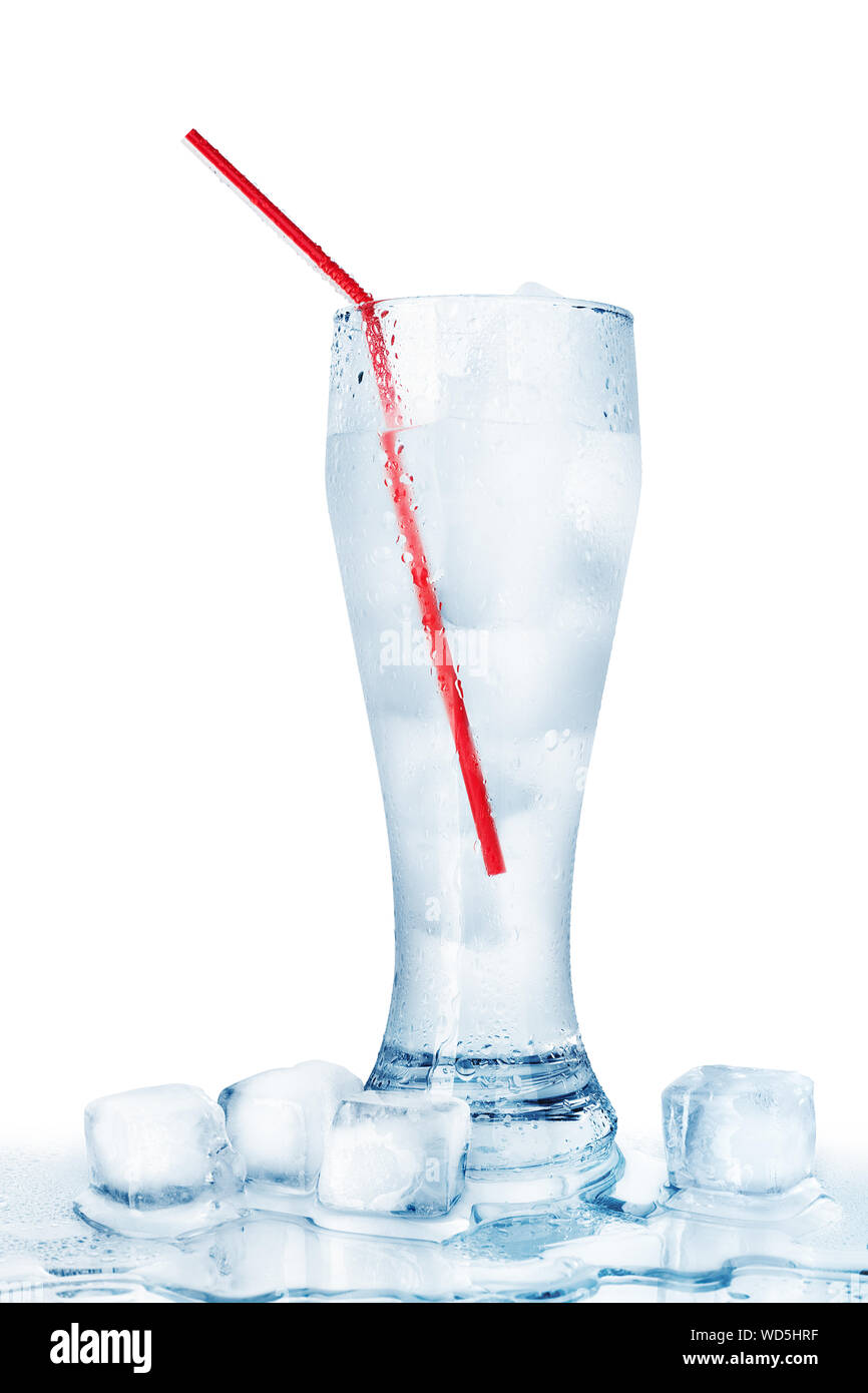 One full transparent glass of cold crystal clear water red drinking ...