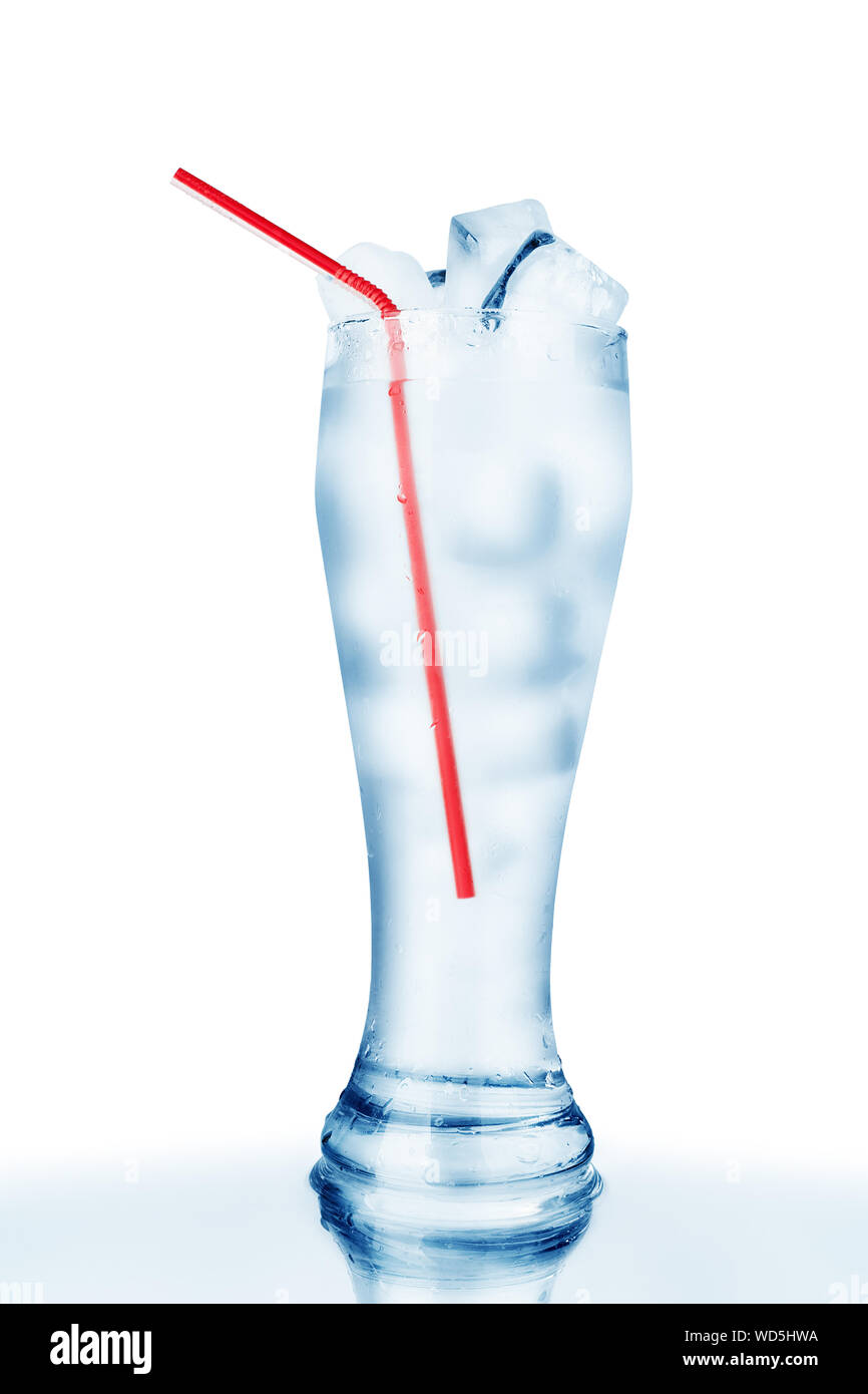 One full transparent glass of cold crystal clear water, red drinking ...