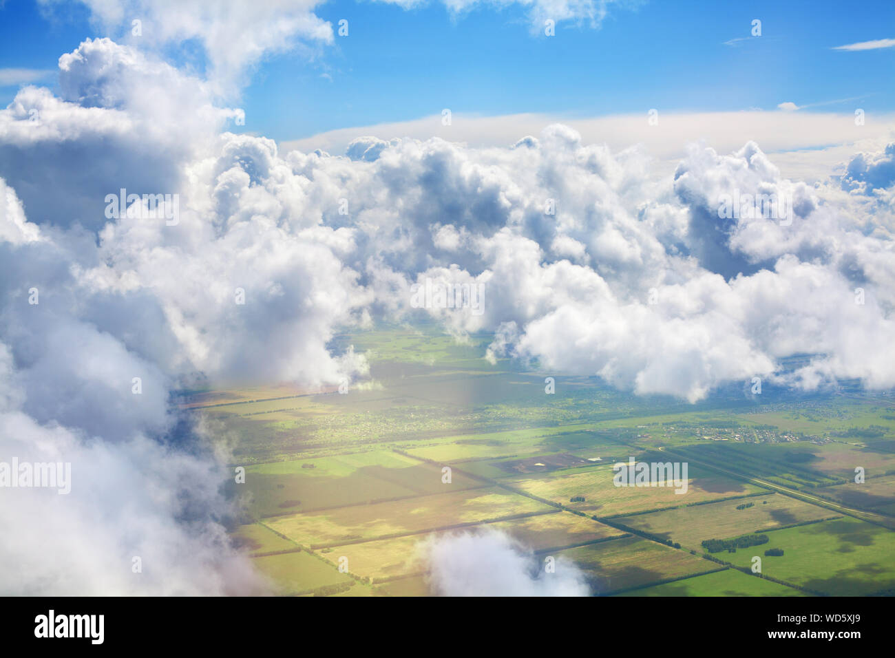 Green grass fields, forests, blue sky and white cumulus fluffy clouds ...