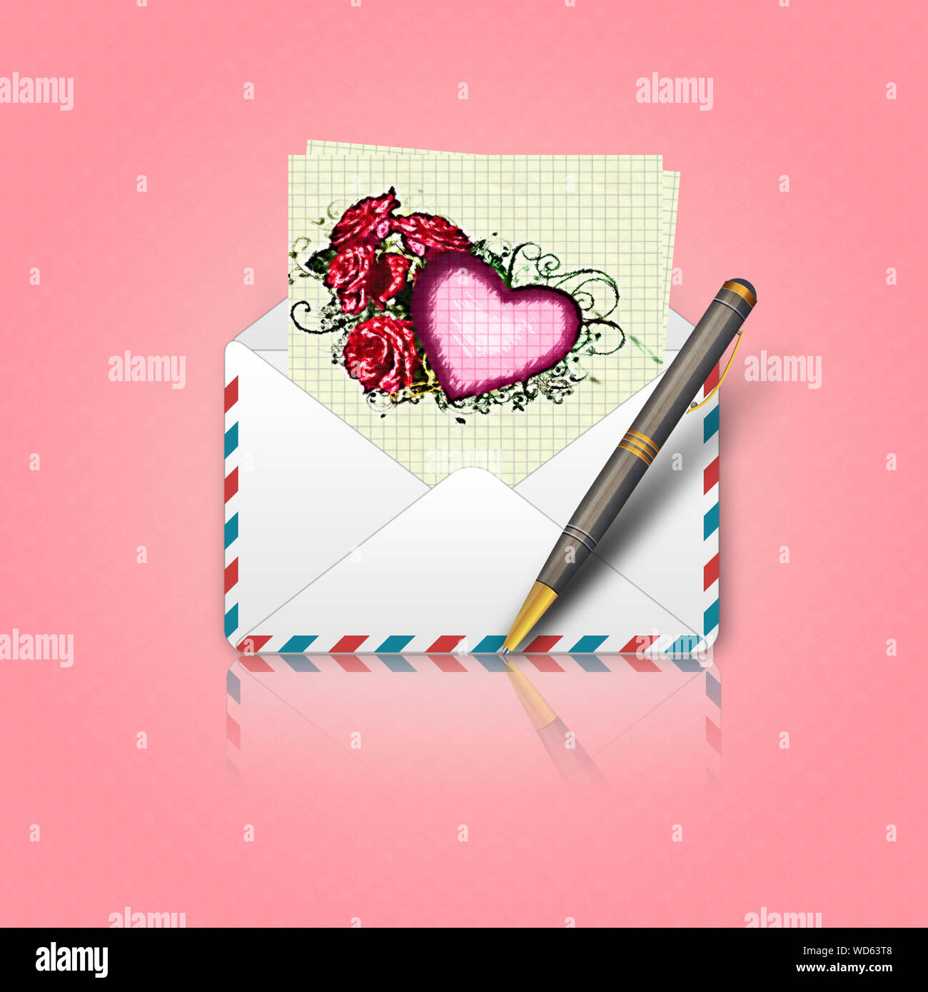 Illustration of opened Valentine`s day envelope with heart and flowers ...