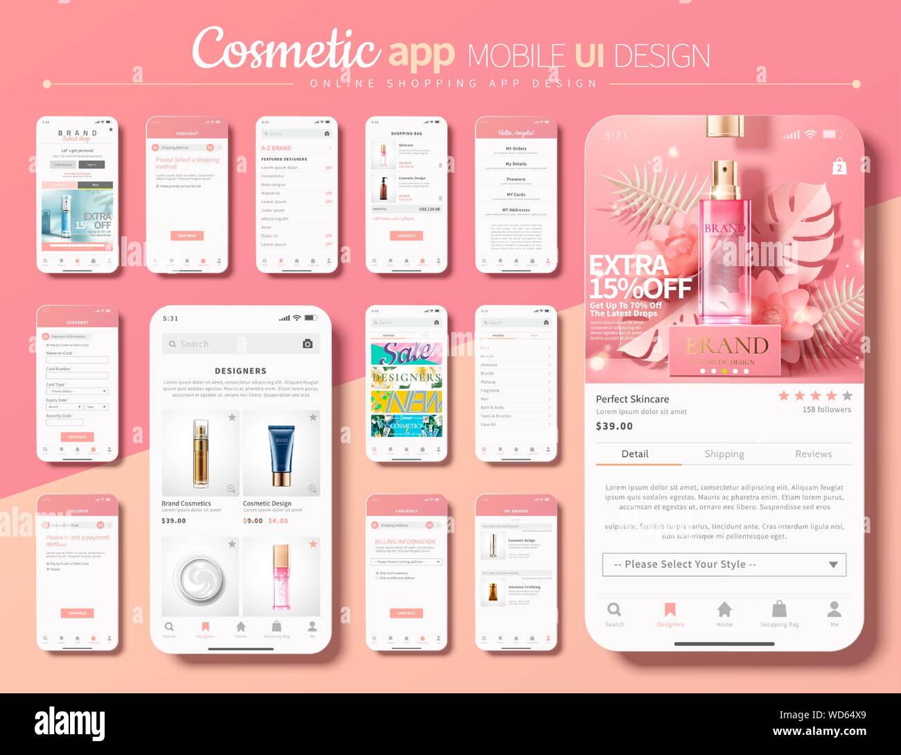 Cosmetic shopping app mobile UI design in pink and white tone, 3d ...