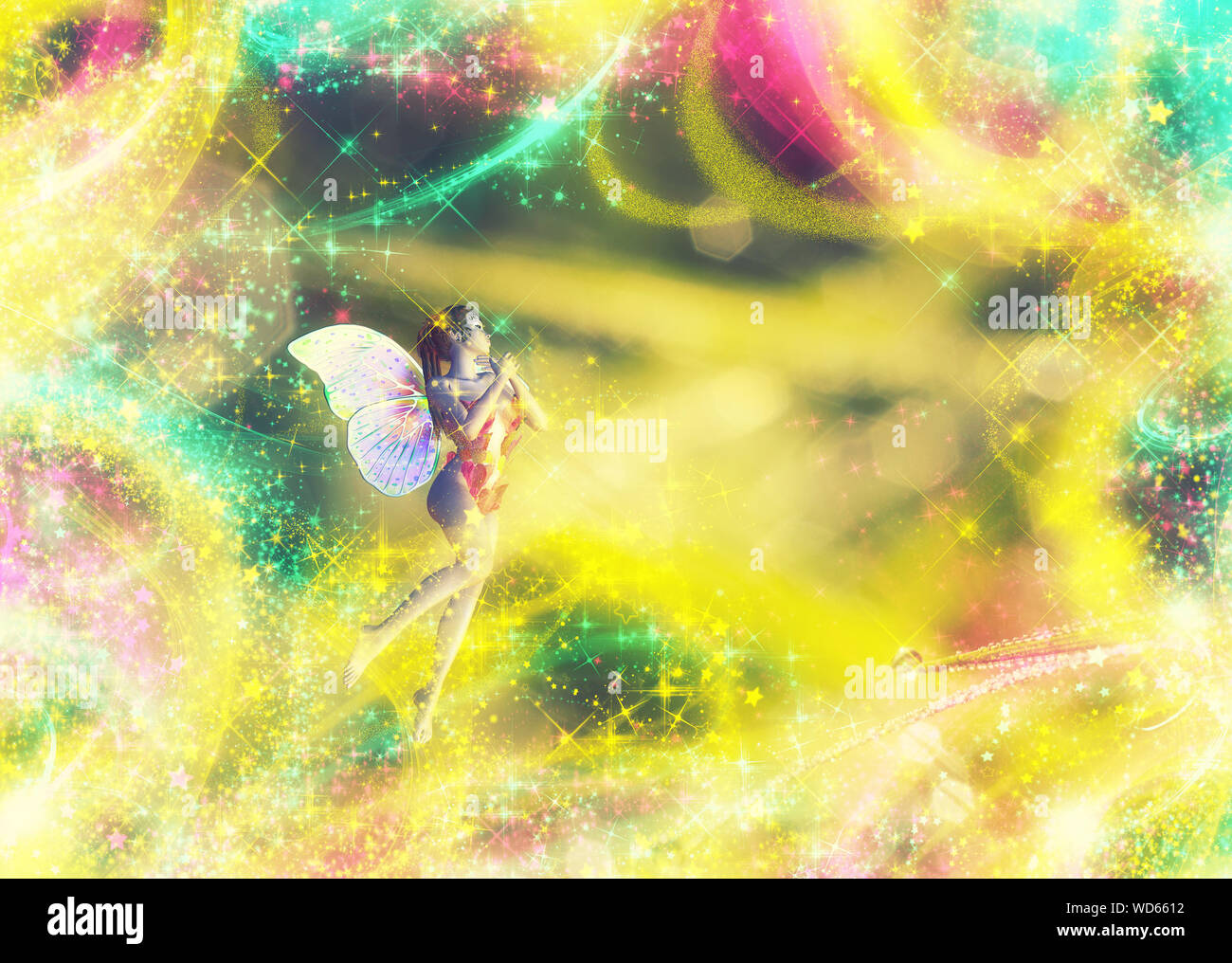 Fantasy scene with floral 3d rendered fairy over blurry grass ...