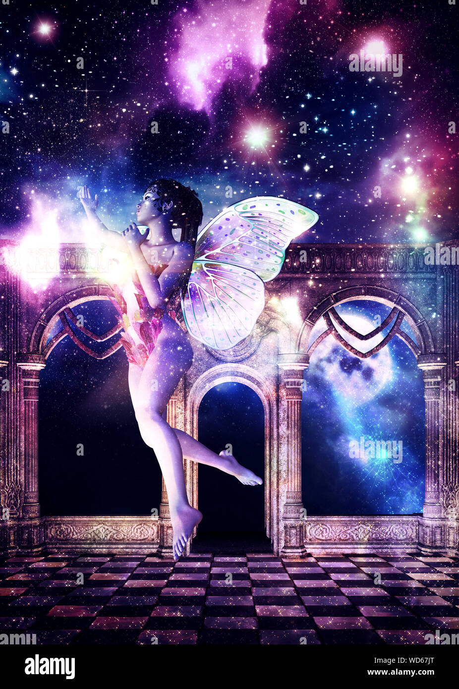 Mysterious ancient hall with starry galaxy texture and full moon, fairy ...