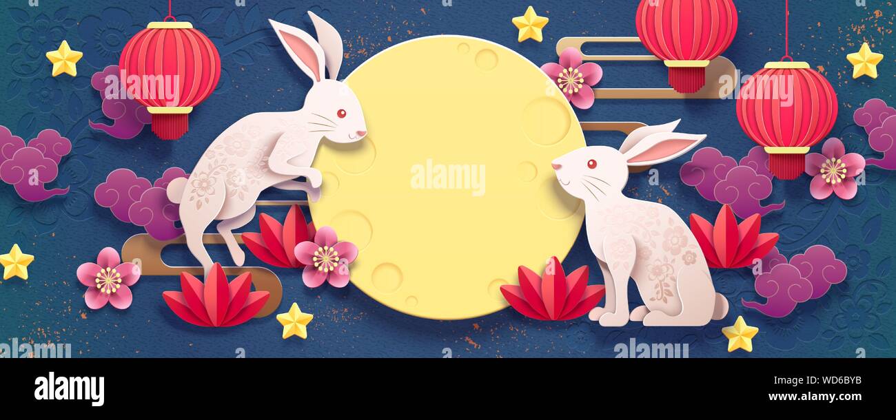 Happy mid autumn festival banner design with paper art rabbits and red ...