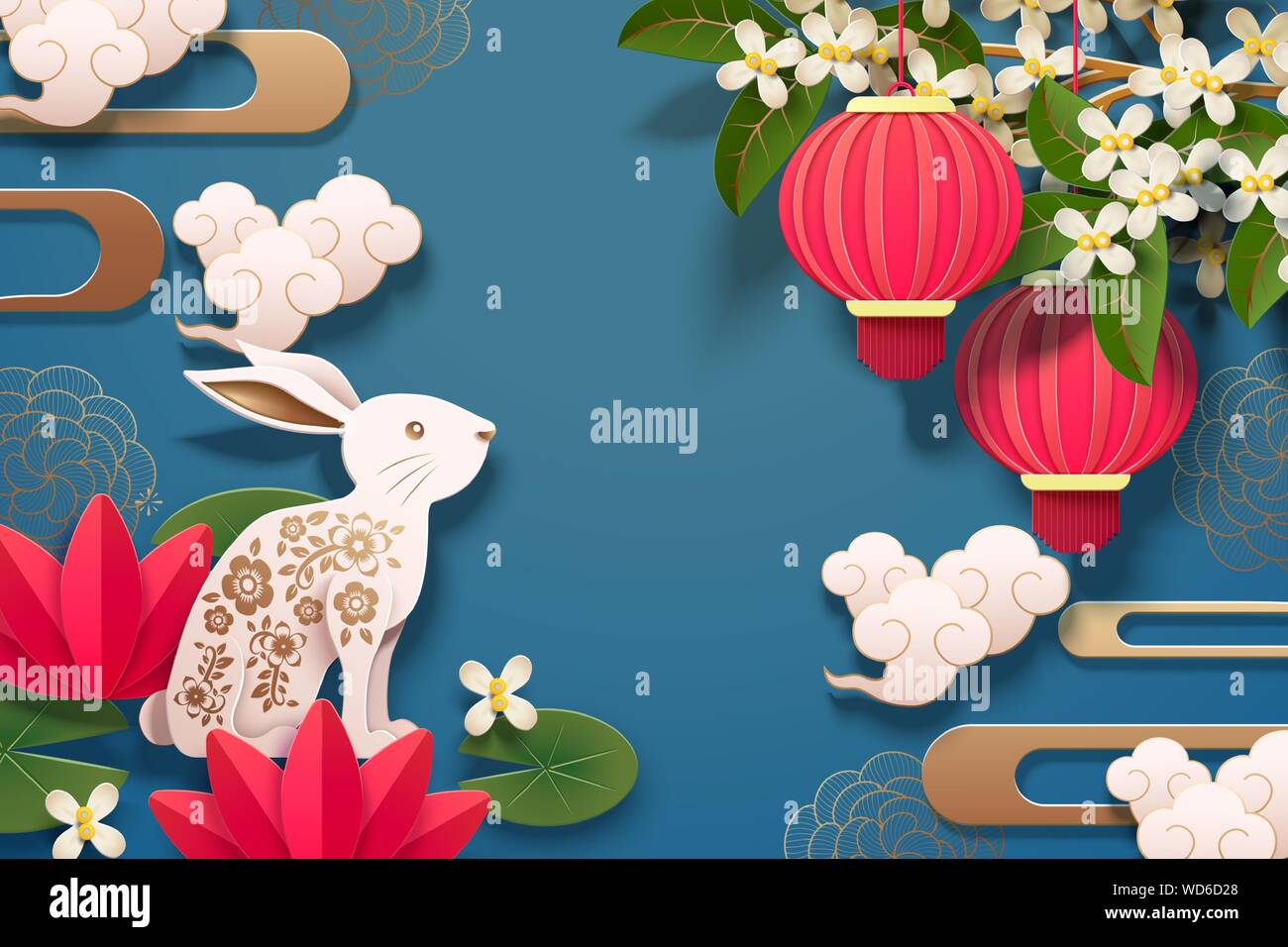 Happy mid autumn festival design with paper art rabbits and red ...