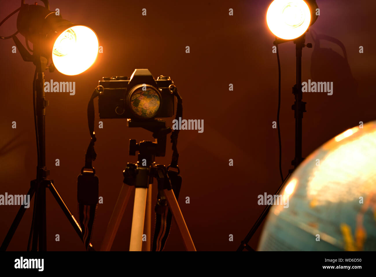 World reflection through a camera lens in a photography studio Stock ...