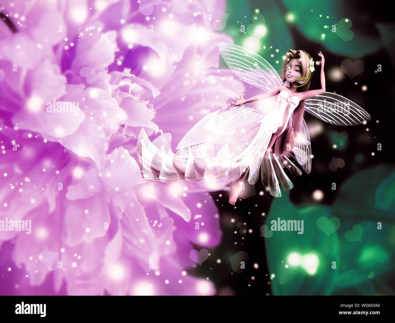 Illustration of big violet flower and fairy background Stock Photo - Alamy