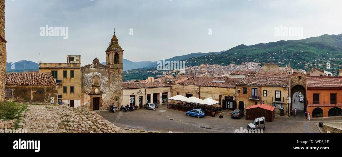 View of the small town of Castelbuono, Palermo, Sicily, from Piazza ...