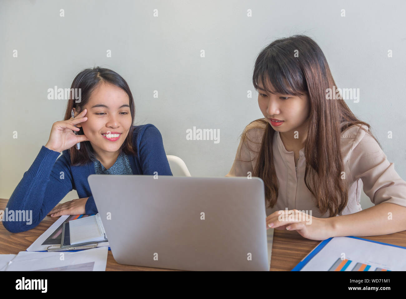 Two female office worker using laptop and sharing ideas Stock Photo - Alamy