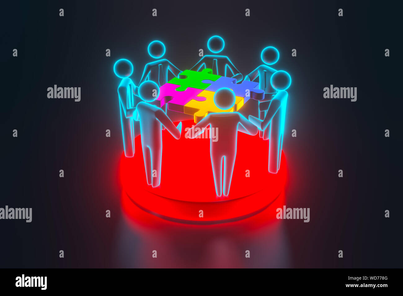 Four human 3d figures are holding pieces of a puzzle in their hands ...