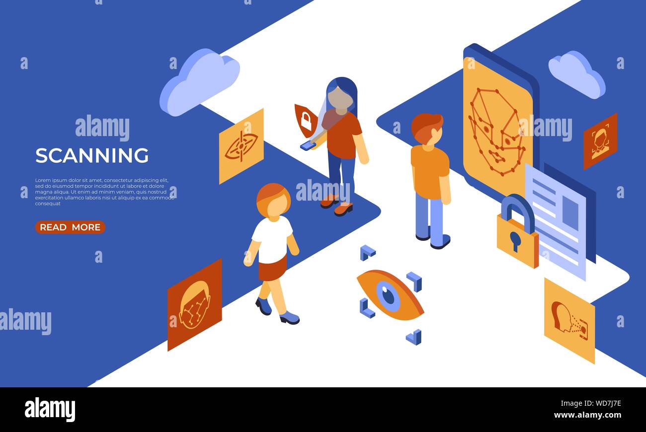 Isometric facial recognition technology and scanning icons, digital vector infographic ...