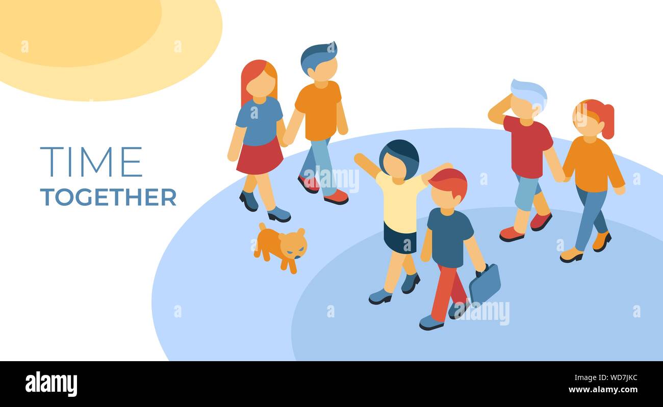 Isometric friends time together walking with pets, digital vector ...