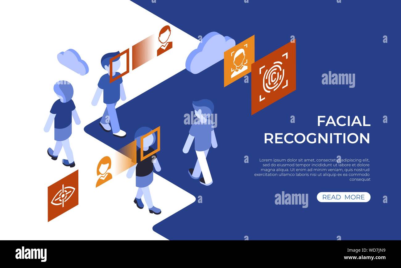 Isometric facial recognition technology and security icons, digital vector infographic ...