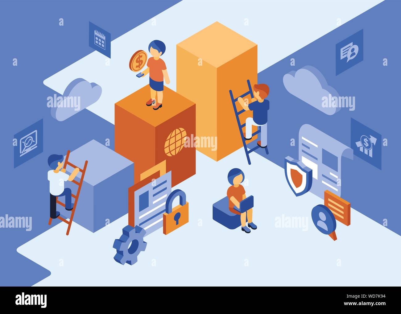 Isometric team work people business and security icons, digital vector ...