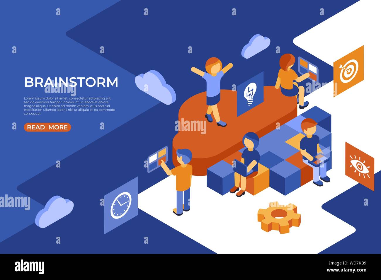 Isometric team work people business and brainstorm icons, digital ...