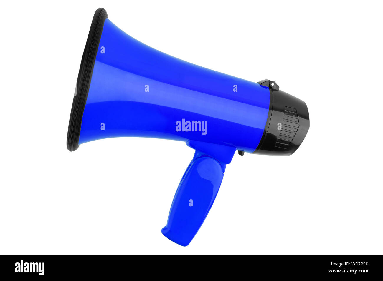 Blue megaphone on white background isolated closeup, hand loudspeaker ...