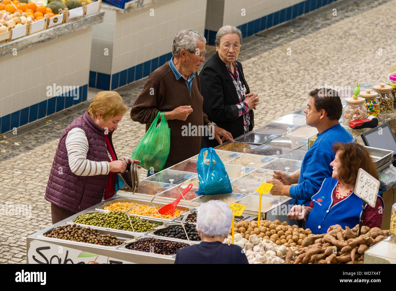 stand of local cheese at the Livramento food market in Setubal town ...
