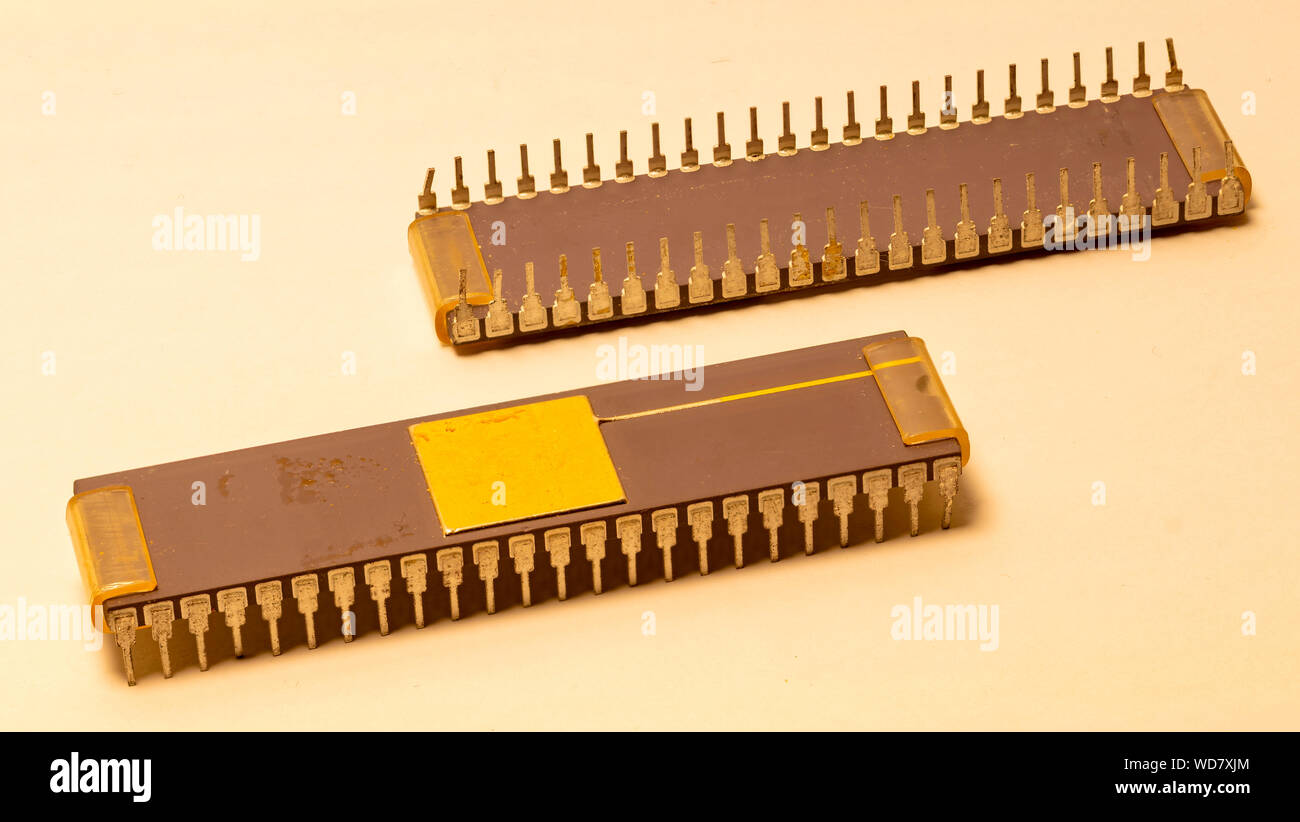 Electronic chips of integrated circuits used in the first computers and ...