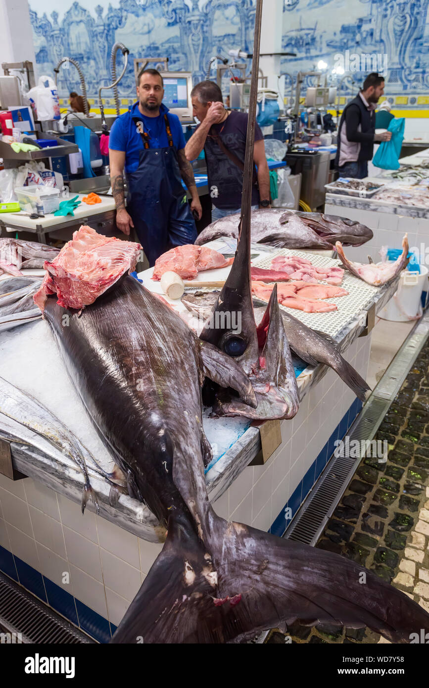 swordfish for sale in the Livramento food market in Setubal town ...