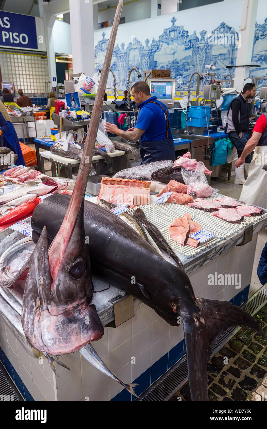 swordfish for sale in the Livramento food market in Setubal town ...