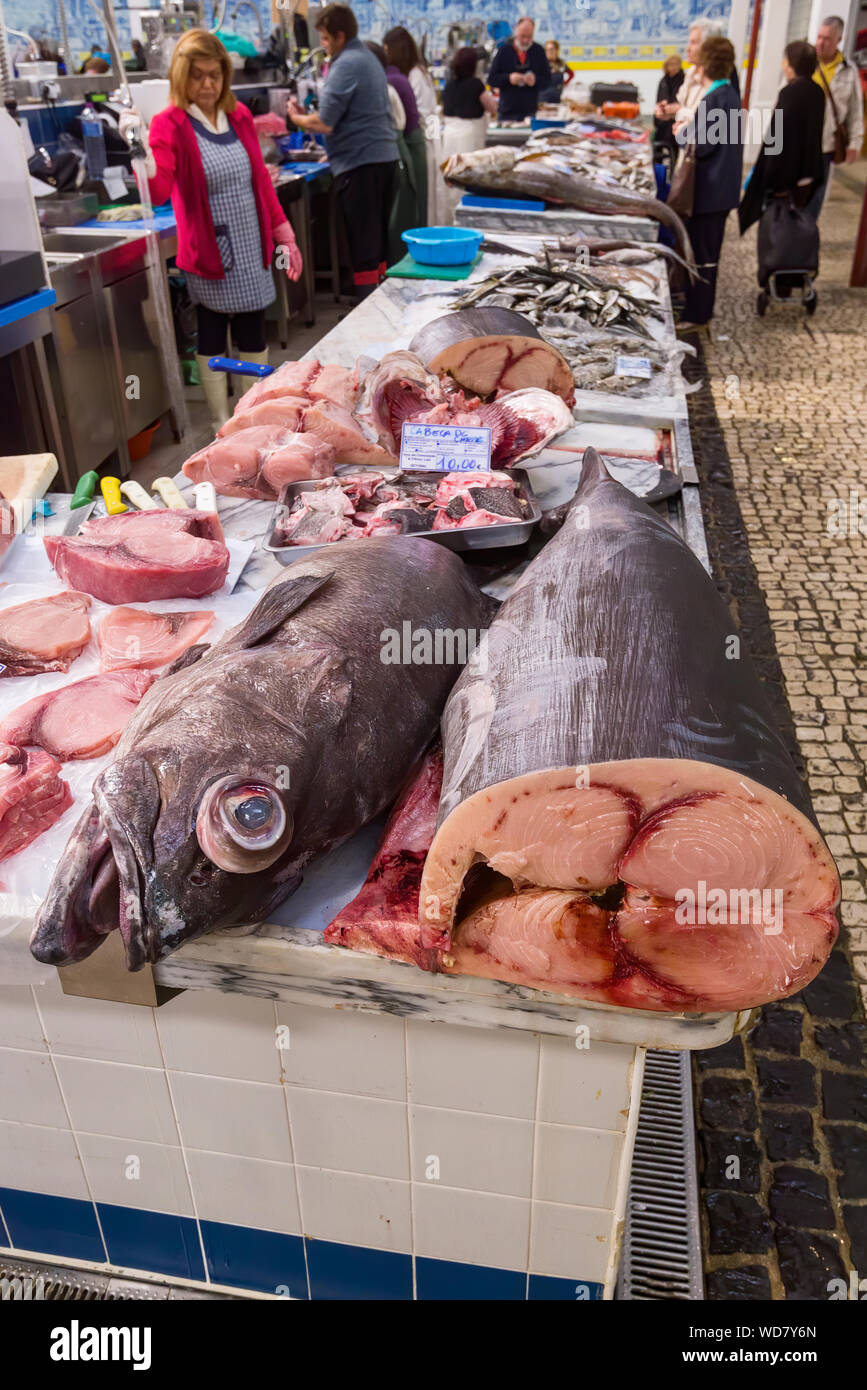 tuna fish to sell at the Livramento food market in Setubal town ...