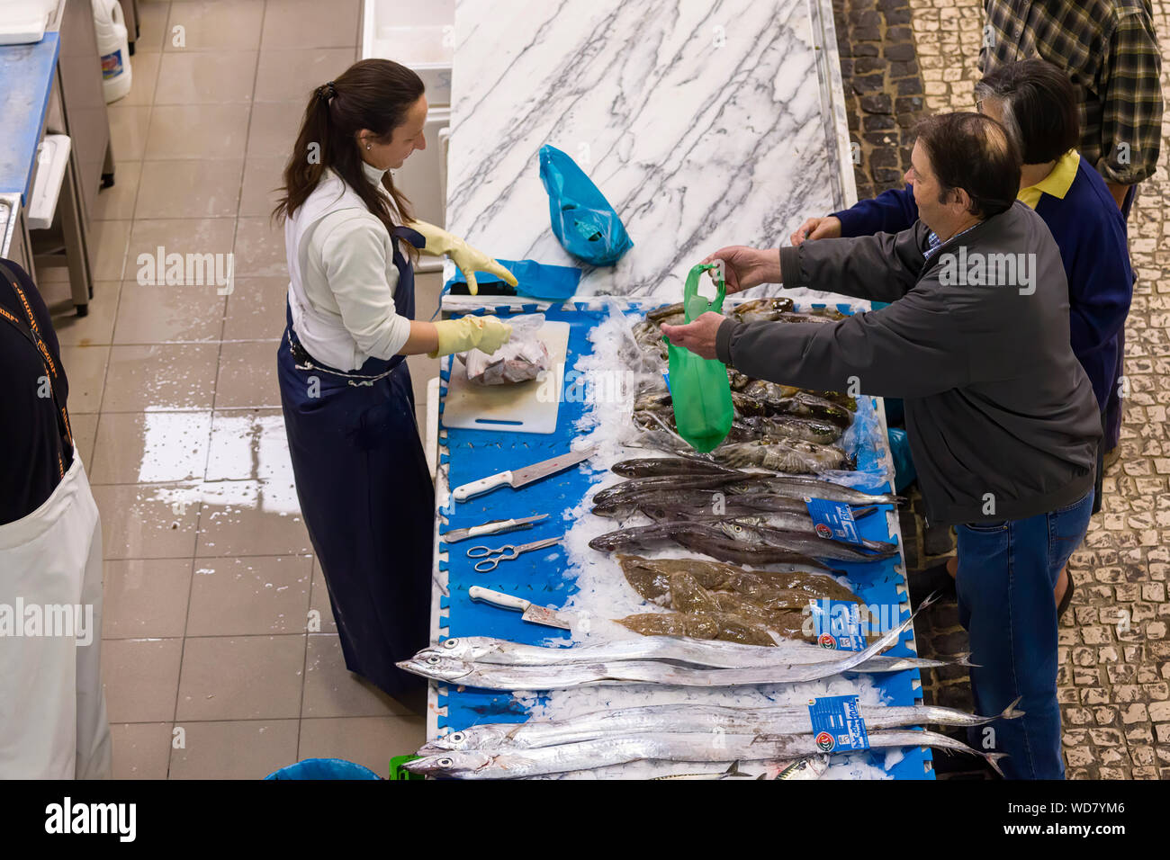 fish stalls at the Livramento food market in Setubal town, Portugal ...
