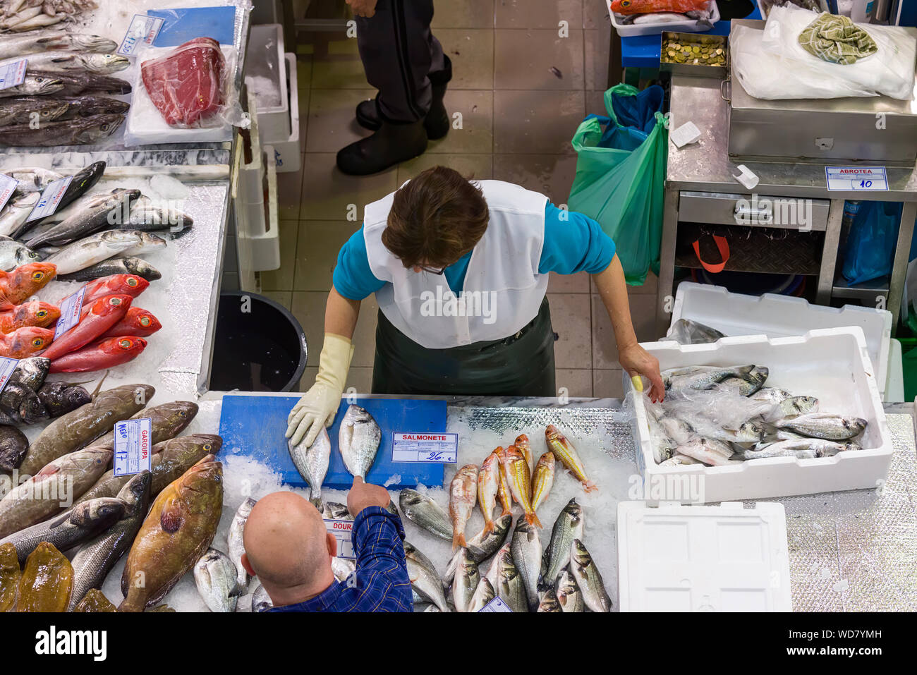 fish stalls at the Livramento food market in Setubal town, Portugal ...