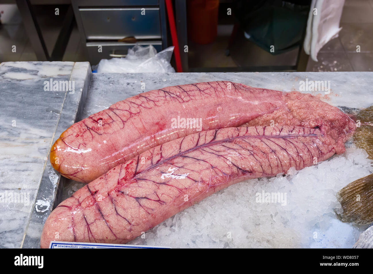 fish soft roe to sell in the Livramento food market in Setubal town ...