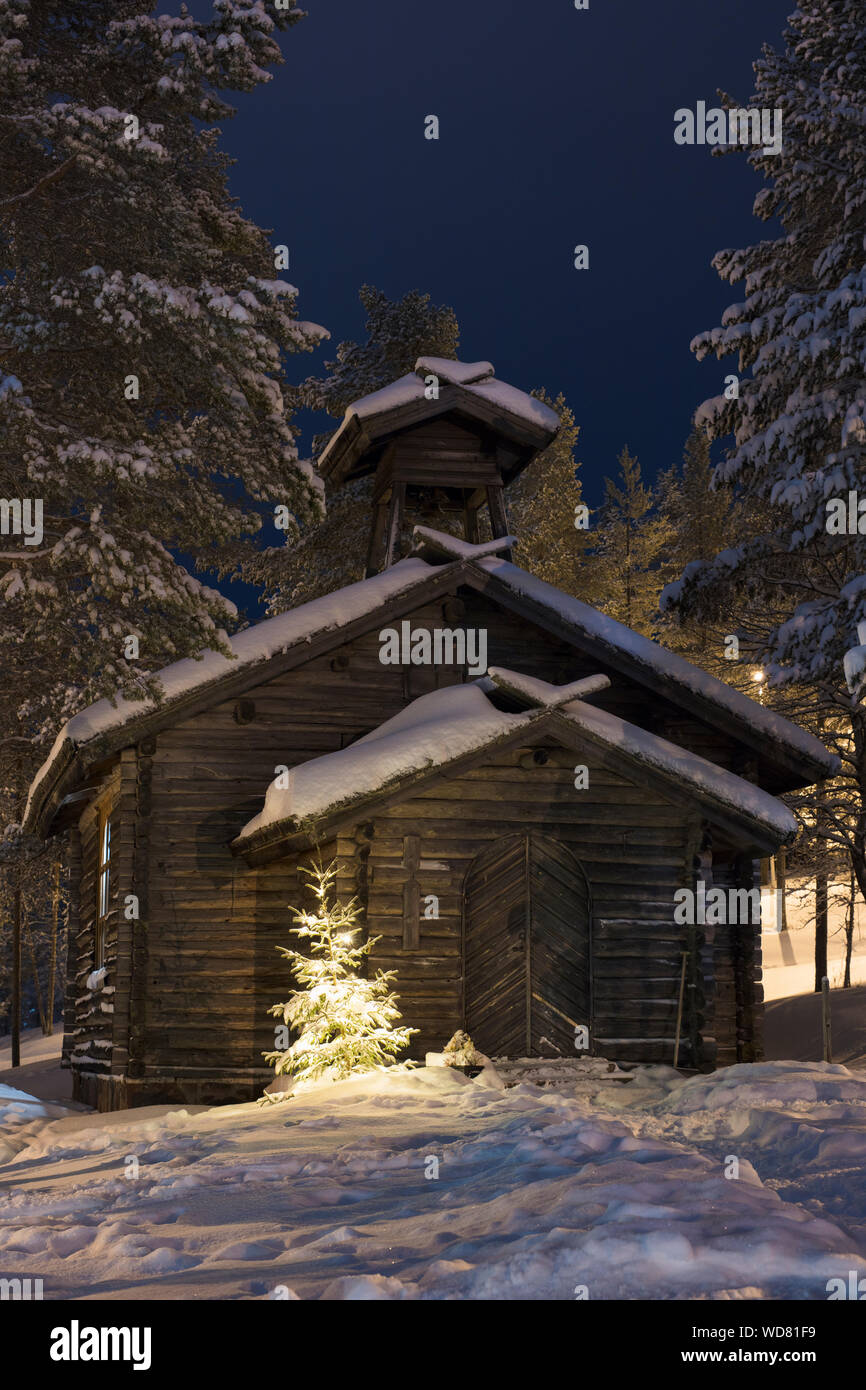 Cabin In Snow At Night
