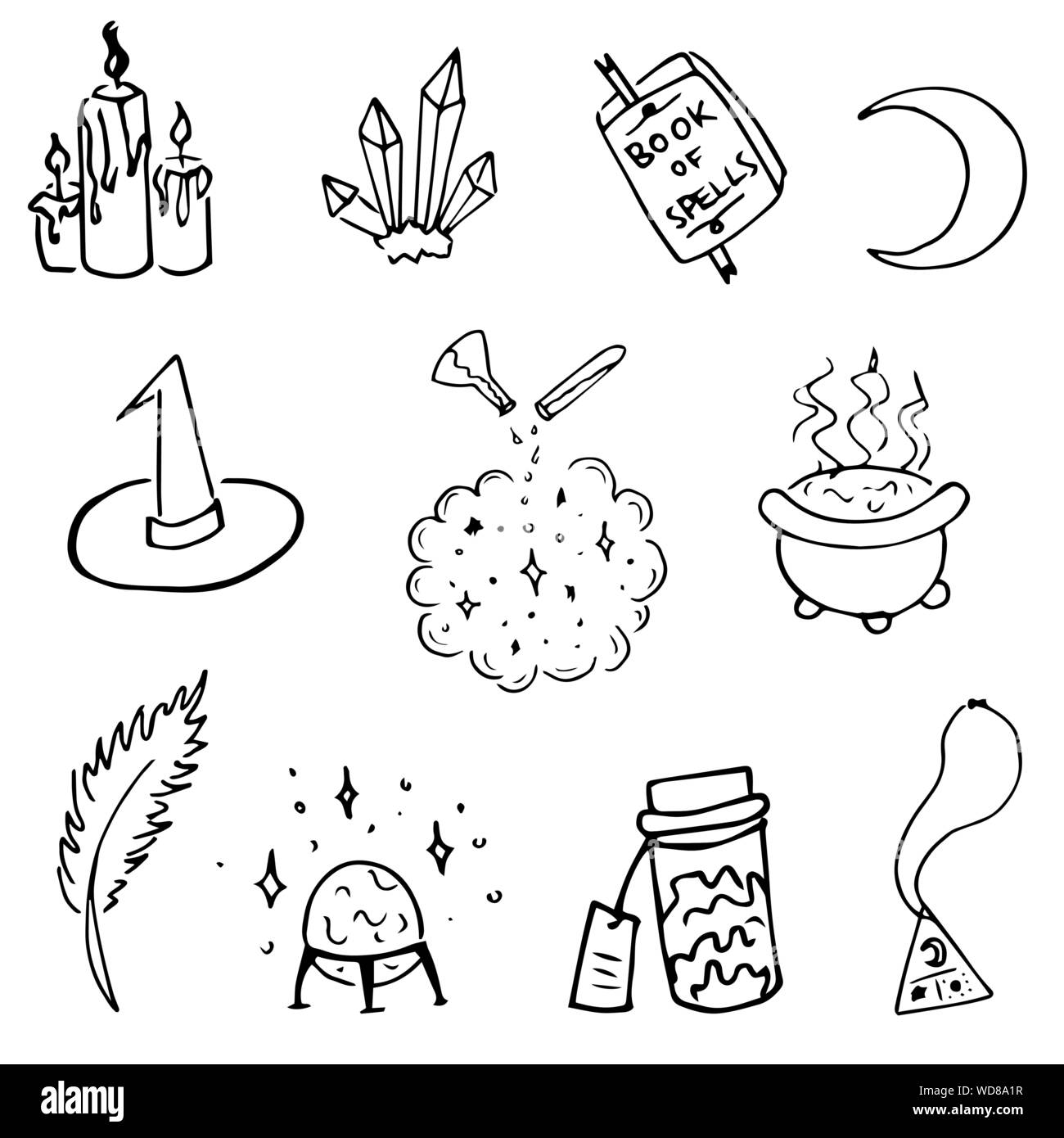 Halloween witchcraft elements retro vintage doodle set. Vector sketch ...