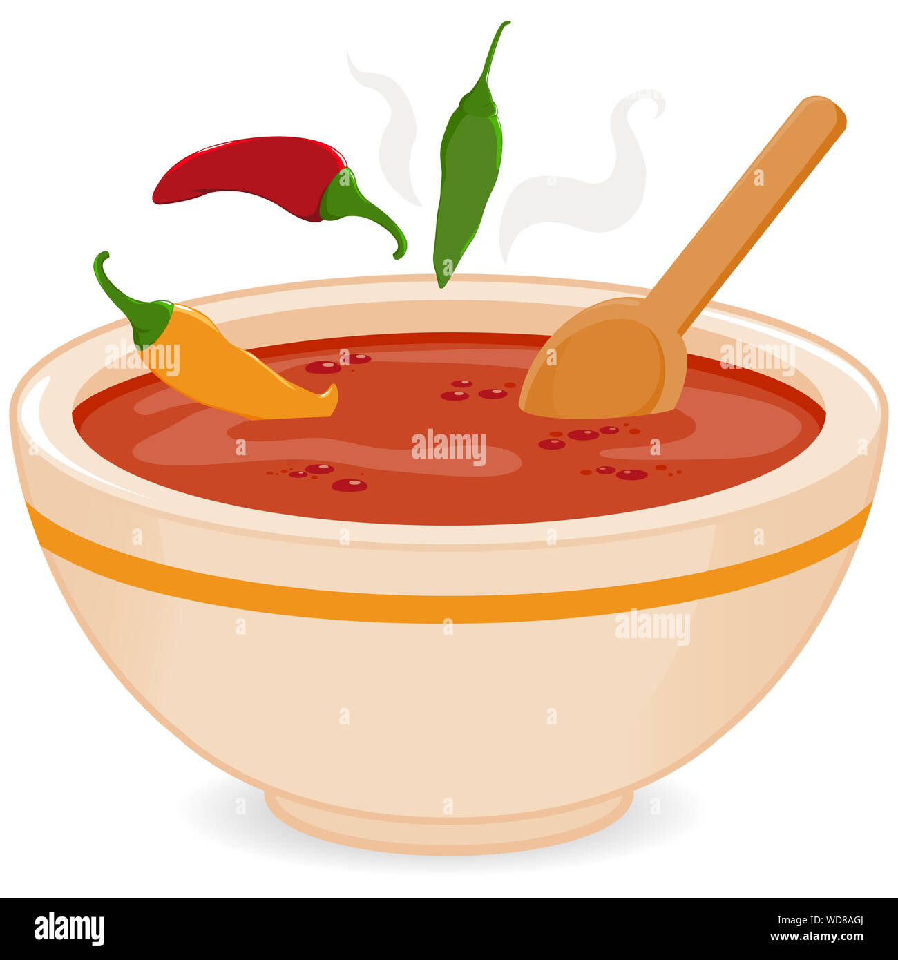 Bowl of hot chili soup. Spicy chili soup and spoon with chili peppers ...