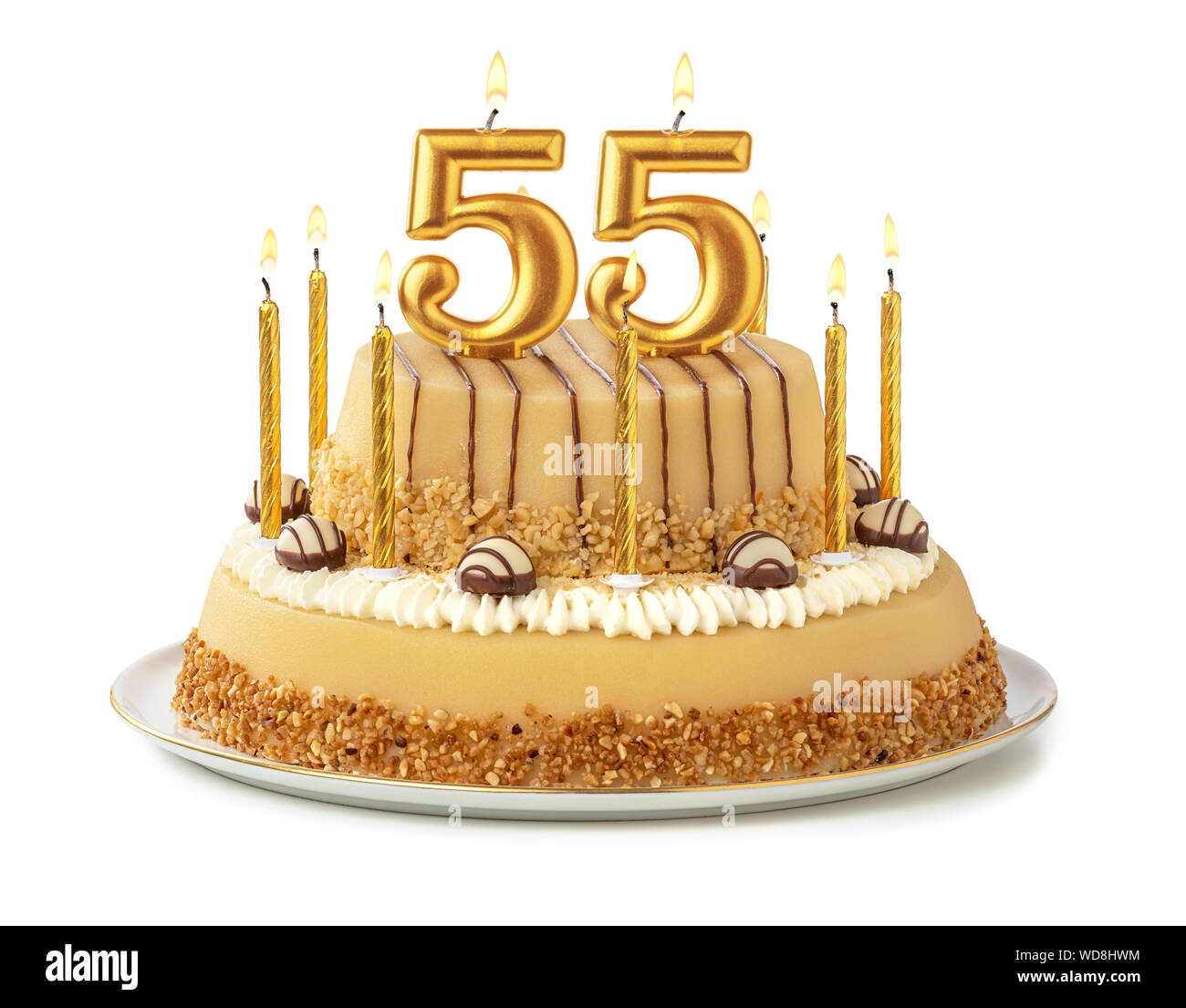 Festive cake with golden candles - Number 55 Stock Photo - Alamy