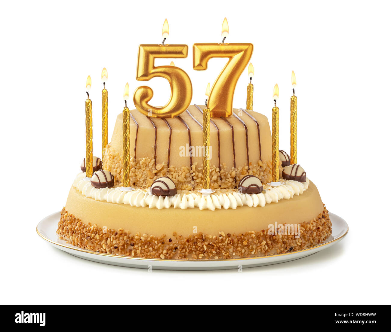 Festive cake with golden candles - Number 57 Stock Photo - Alamy