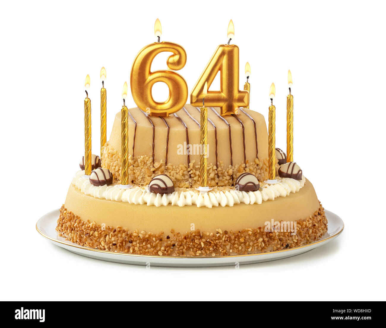 Festive cake with golden candles - Number 64 Stock Photo - Alamy