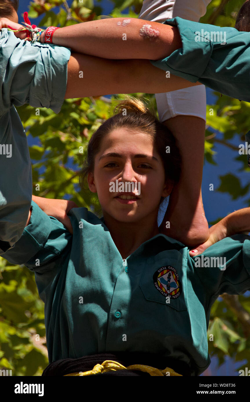 Casteller human pyramids in acton in Banyoles, Girona, Catalunya, Spain ...